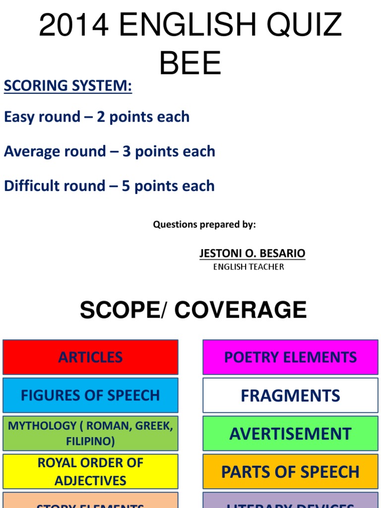 2014 English Quiz BEE | PDF | Poetry | Adjective