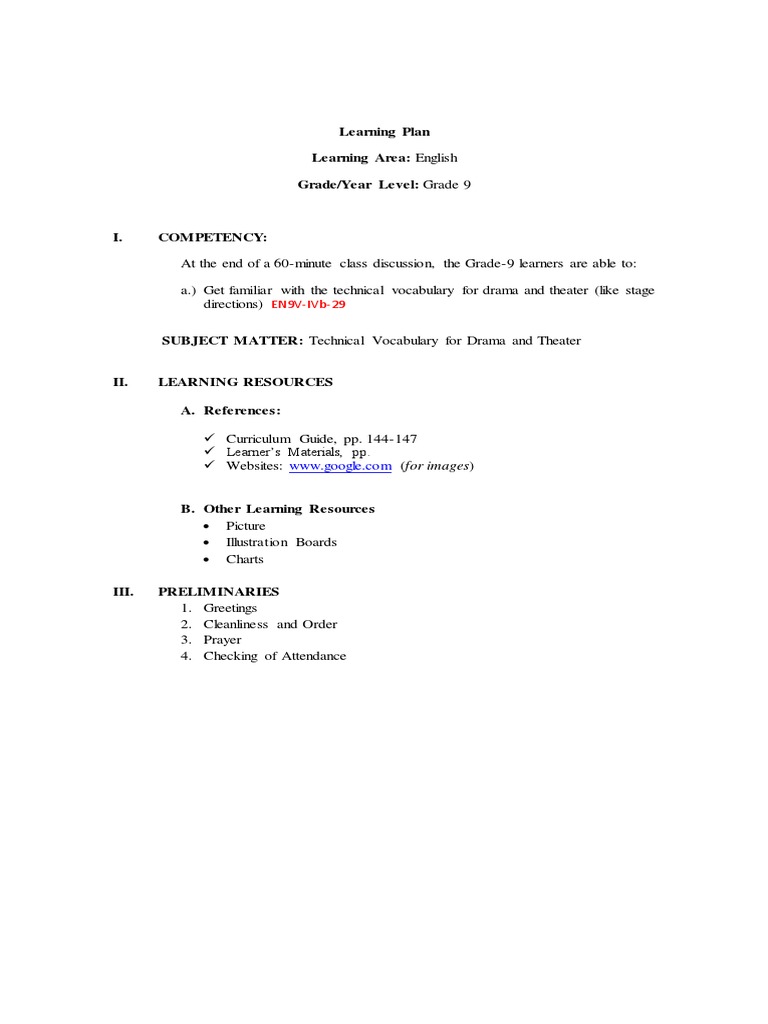Learning Plan Learning Area: English Grade/Year Level: Grade 9 | PDF ...
