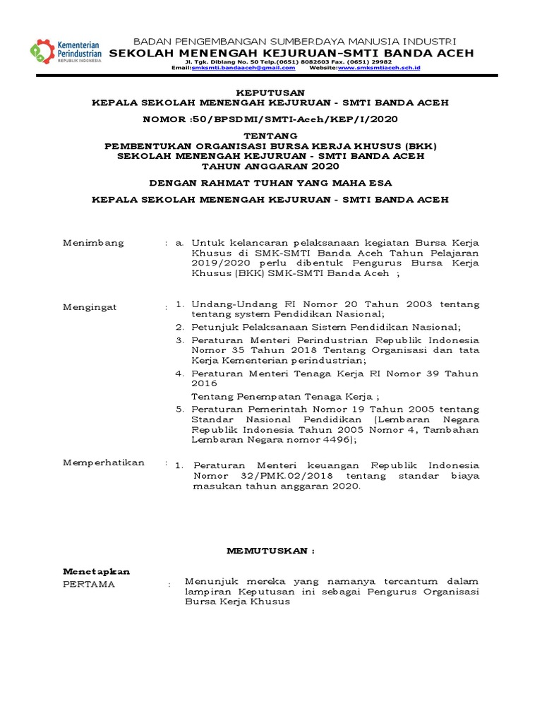 50-SK Pembentukan Organisasi Bursa Kerja Khusus (BKK) Ta 2020 | PDF