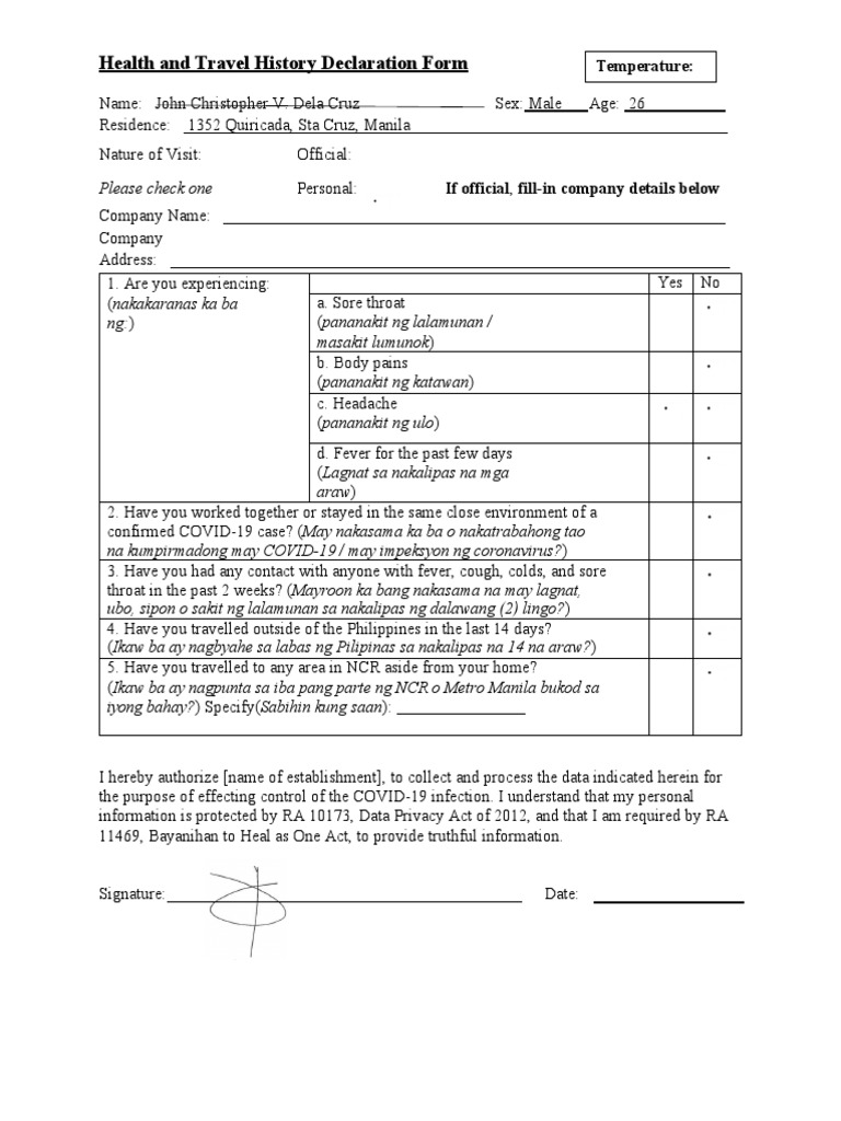 Health and Travel History Declaration Form | PDF
