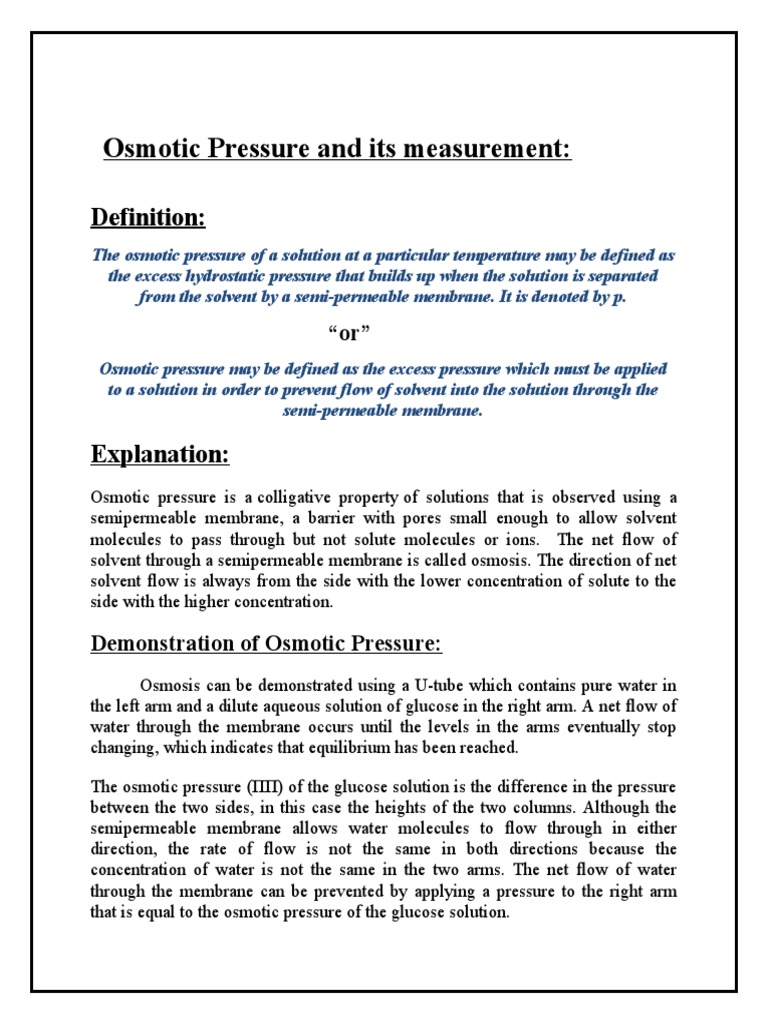 Osmotic Pressure and Its Measurement | PDF | Osmosis | Distillation