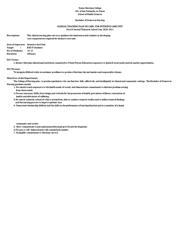 ICU Nursing Clinical Teaching Plan | PDF | Intensive Care Unit | Nursing
