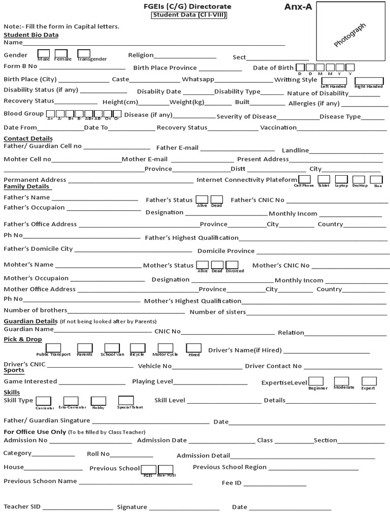 Student Data (CL I-VIII) Student Bio Data: Phot Og Raph | PDF | Business