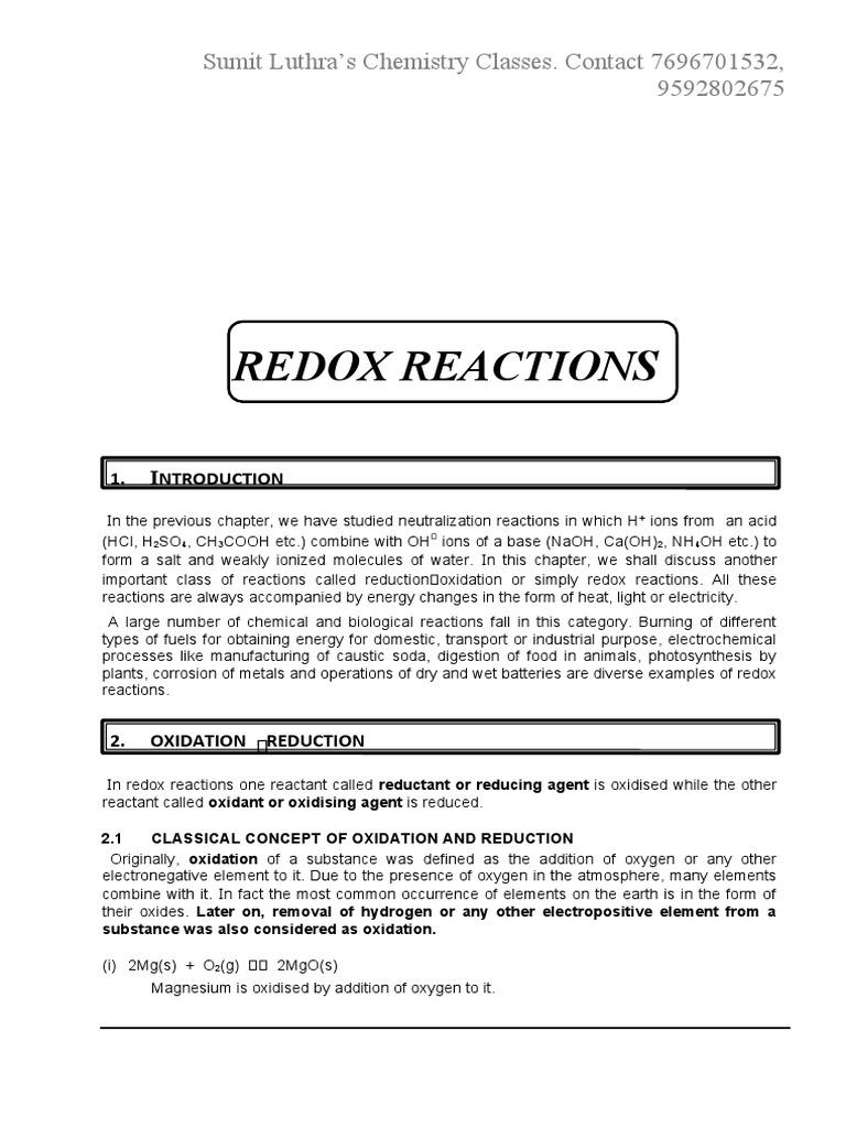Redox Reactions (Theory) Edited | PDF | Redox | Electrochemistry