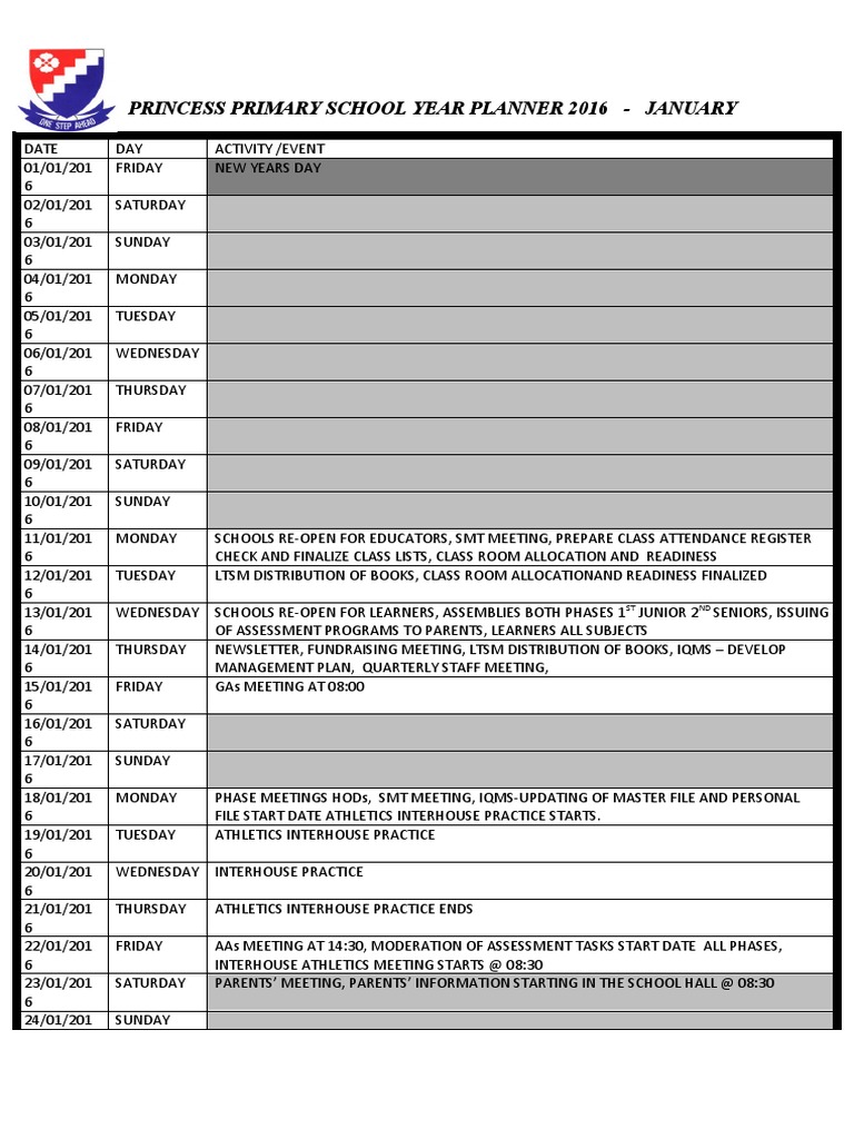 Princess Primary School Year Planner 2016 - January: ST ND | PDF ...