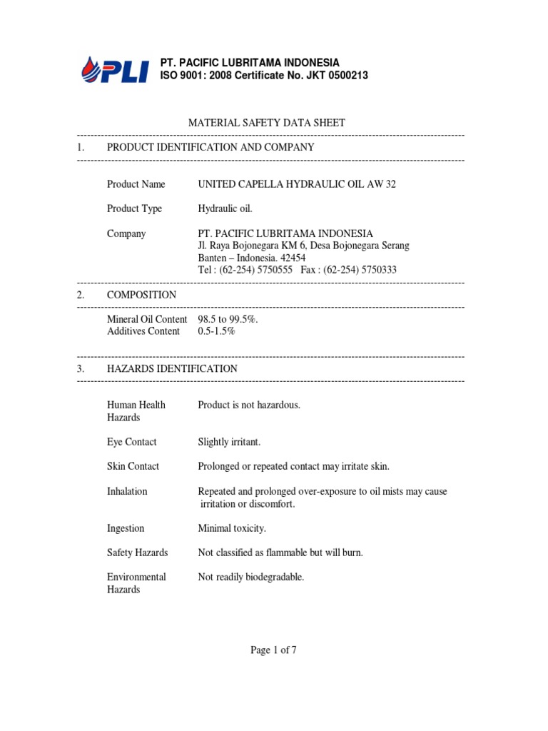 MSDS Capella Hydraulic Oil Aw 32 - 061113 | PDF | Personal Protective ...