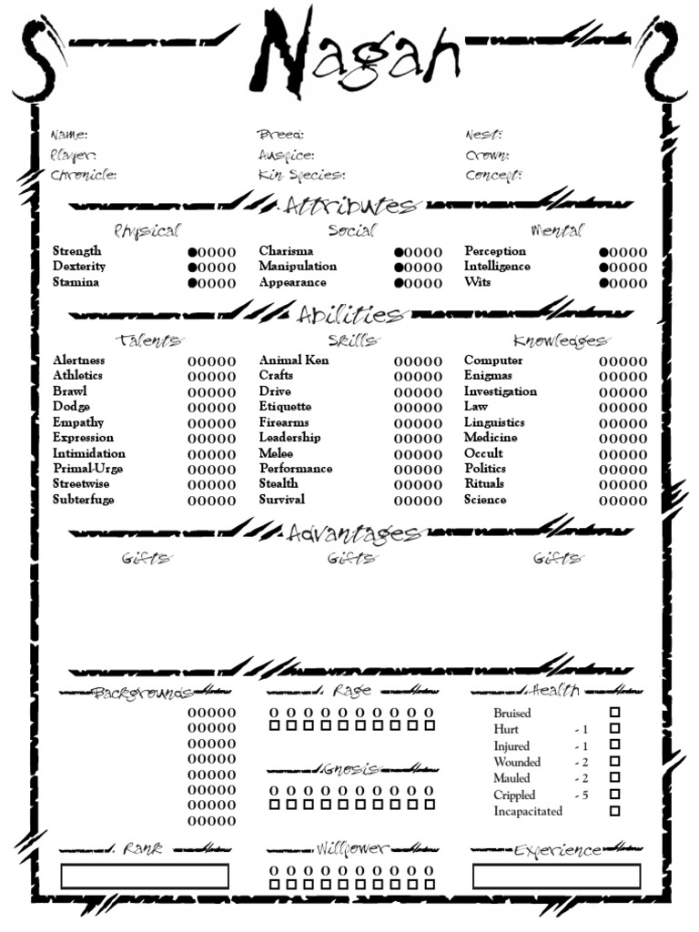 WOD - Werewolf - The Apocalypse - Character Sheet - Nagah | PDF | Role ...