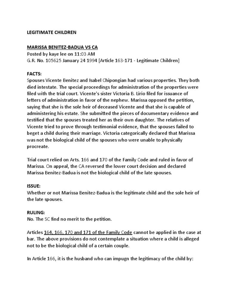 Legitimate Children Marissa Benitez-Badua Vs Ca | PDF | Legitimacy ...
