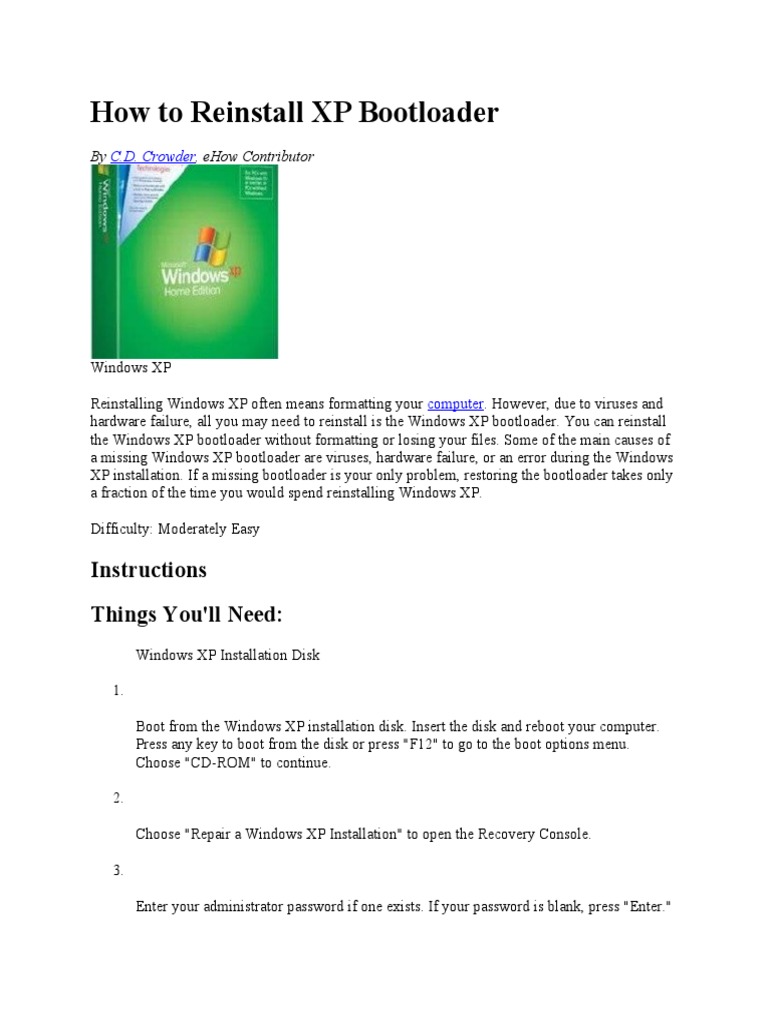 Reinstall Windows XP Bootloader Guide | PDF