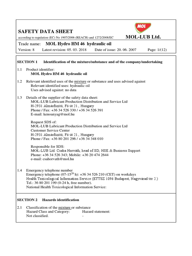 Msds - Mol Hydro HM 46 - GB | PDF | Dangerous Goods | Toxicity