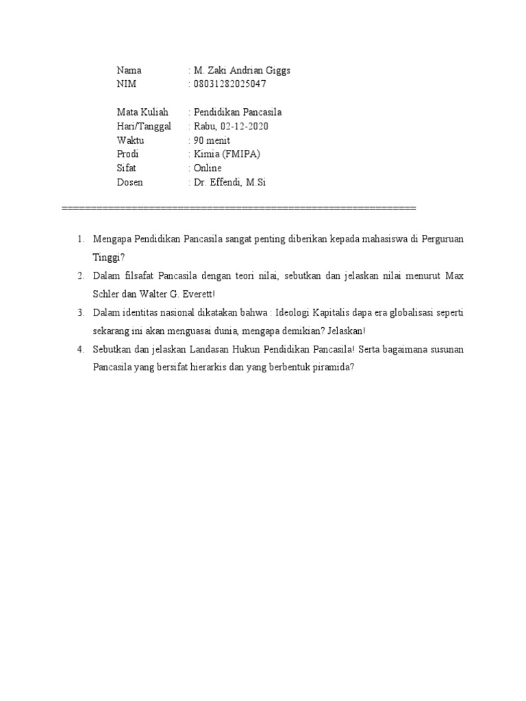 Uas Pancasila - Kimia M.zaki Andrian Giggs (08031282025047) | PDF