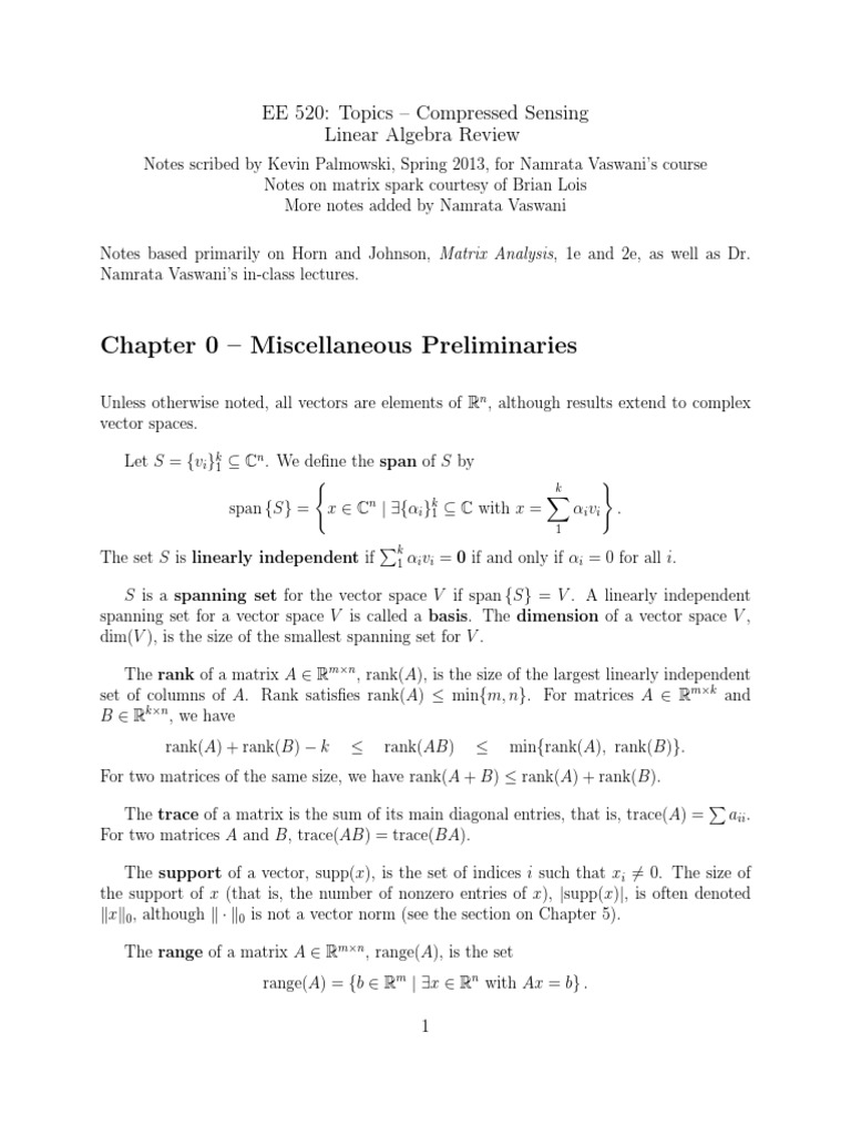 Chapter 0 - Miscellaneous Preliminaries: EE 520: Topics - Compressed Sensing Linear Algebra ...