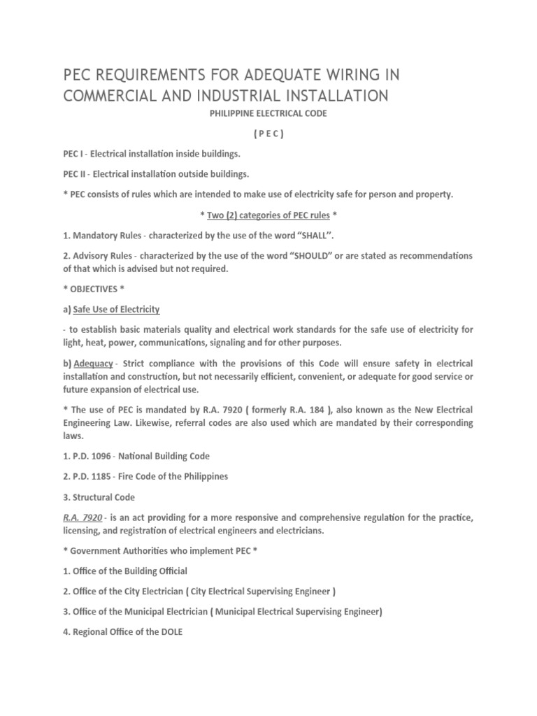 Pec Requirements For Adequate Wiring in Commercial and Industrial ...