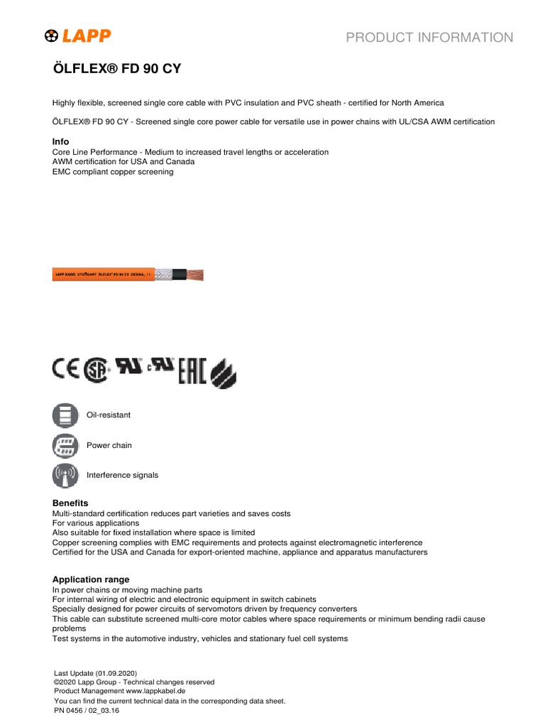 Ölflex® FD 90 Cy: Product Information | PDF | Wire | Electrical Wiring