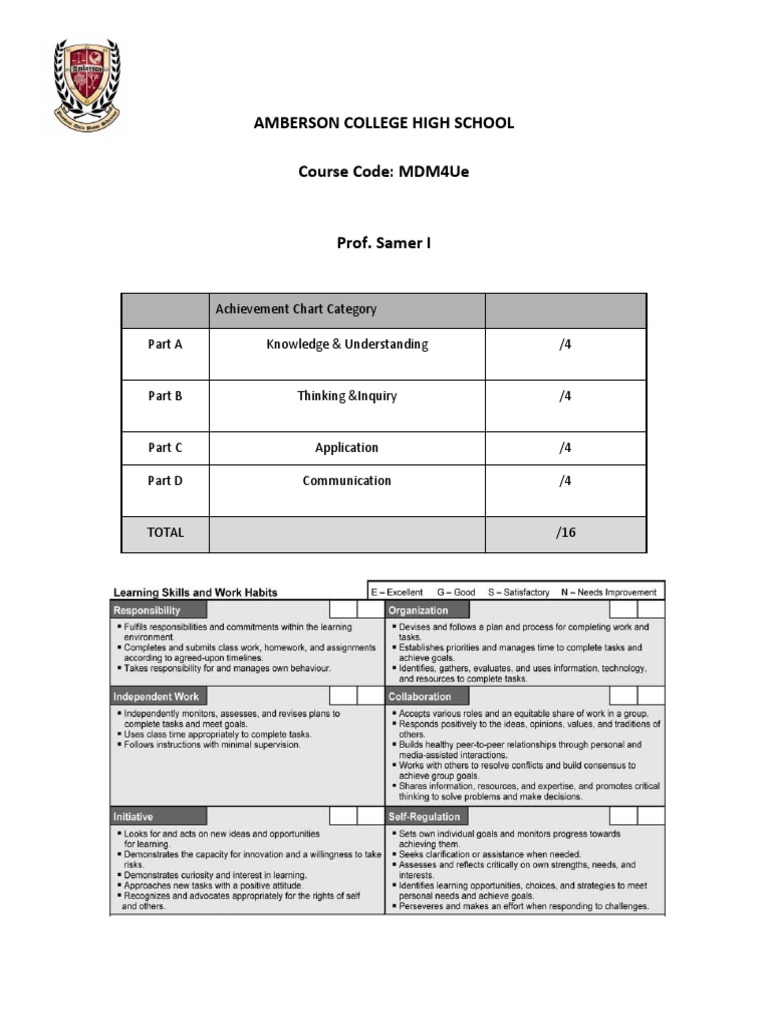 Amberson College High School Course Code: MDM4Ue: Achievement Chart ...