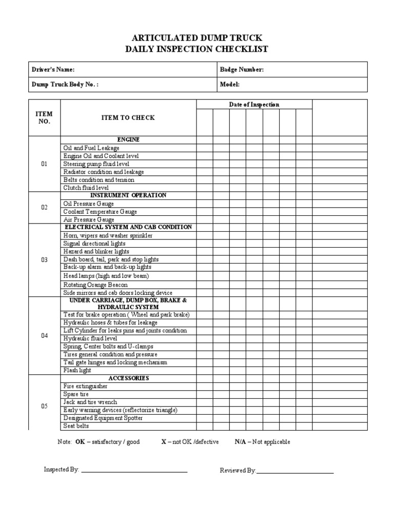 Articulated Dump Truck Daily Inspection Checklist | PDF