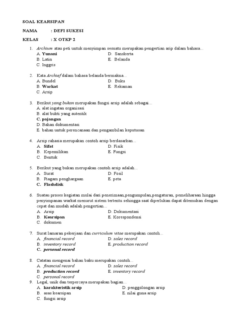 Soal Kearsipan untuk Kelas X OTKP 2 | PDF