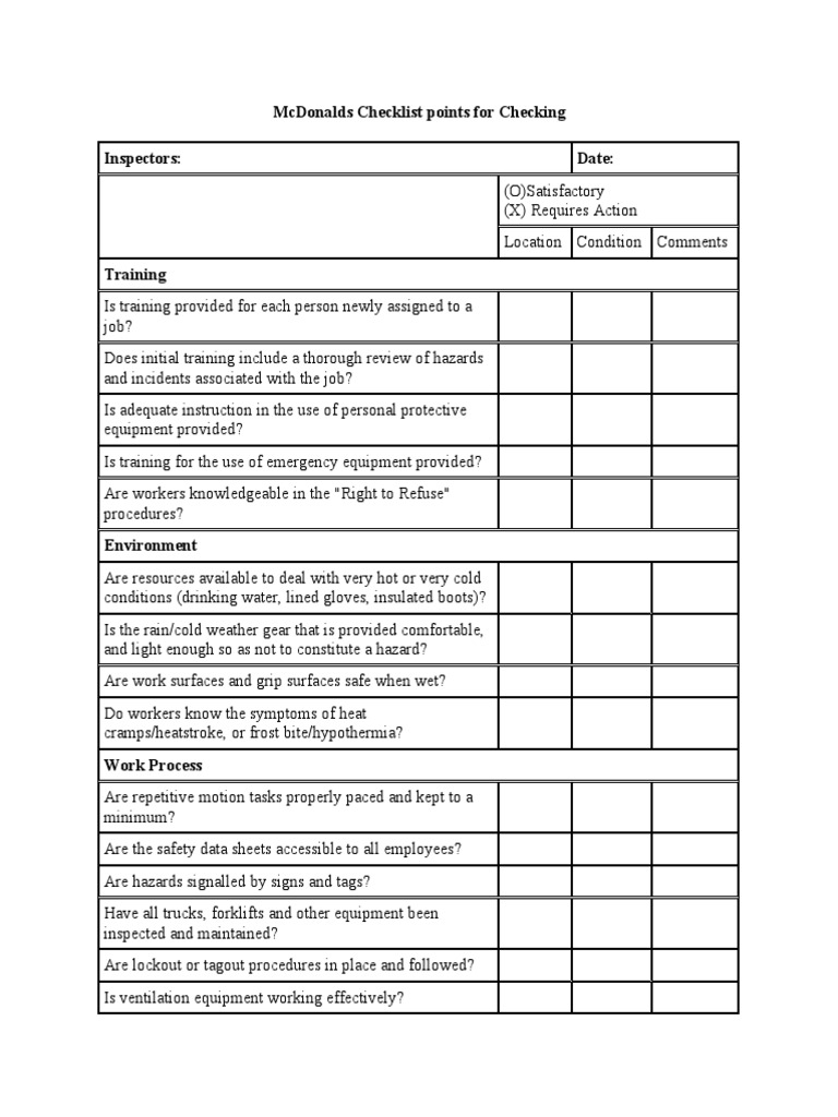 McDonalds Checklist Points For Checking | PDF | Safety | Nature