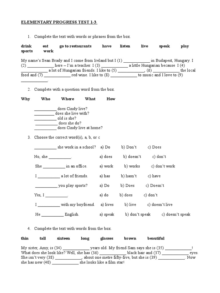 Elementary Progress Test 1-3 | PDF