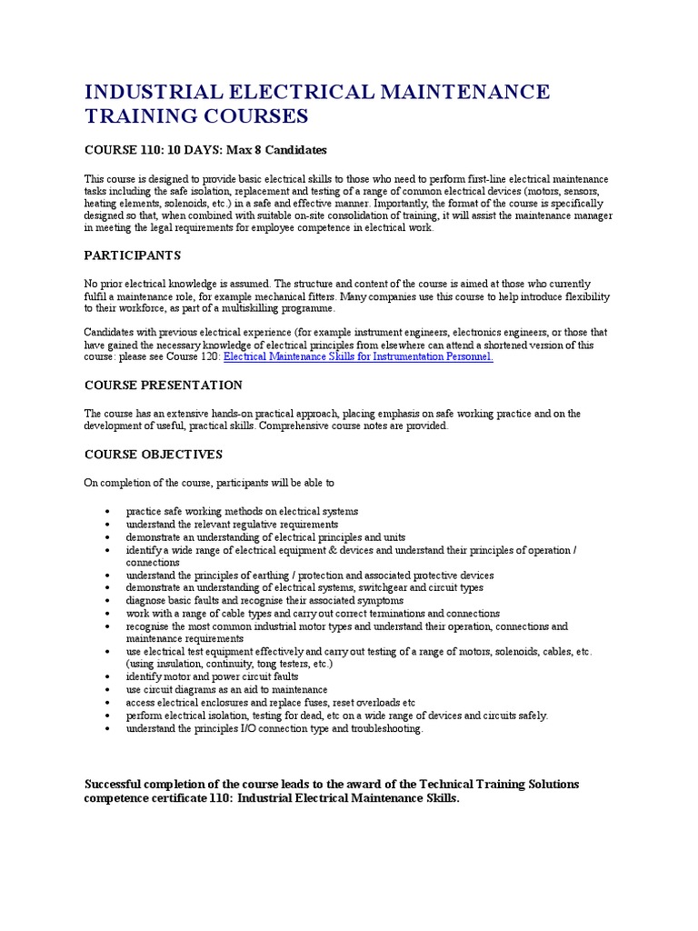 Industrial Electrical Maintenance Training Courses | PDF | Relay ...