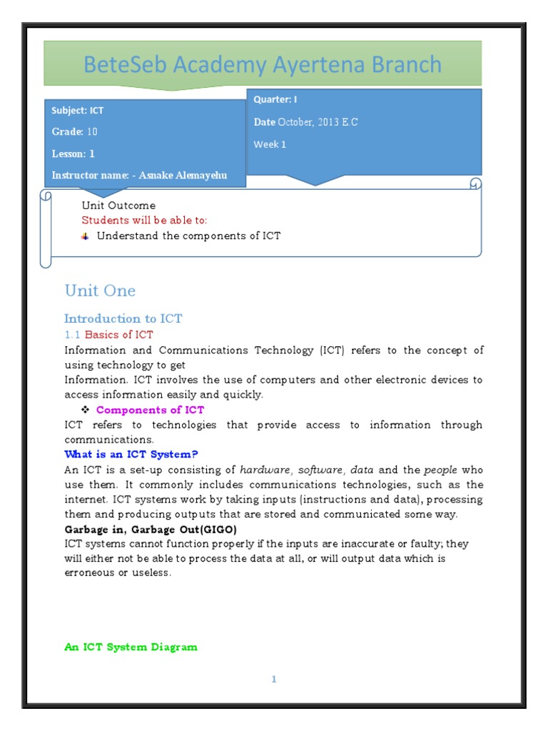 Beteseb Academy Ayertena Branch: Unit One | PDF