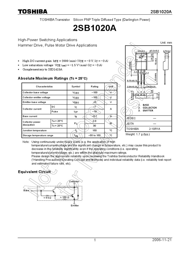 2SB1020A Datasheet en 20061121 | Download Free PDF | Bipolar Junction Transistor | Reliability ...