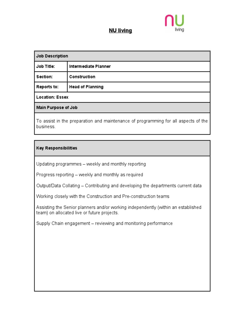Job Description Intermediate Planner (Ejemplo) en Ingles | PDF ...