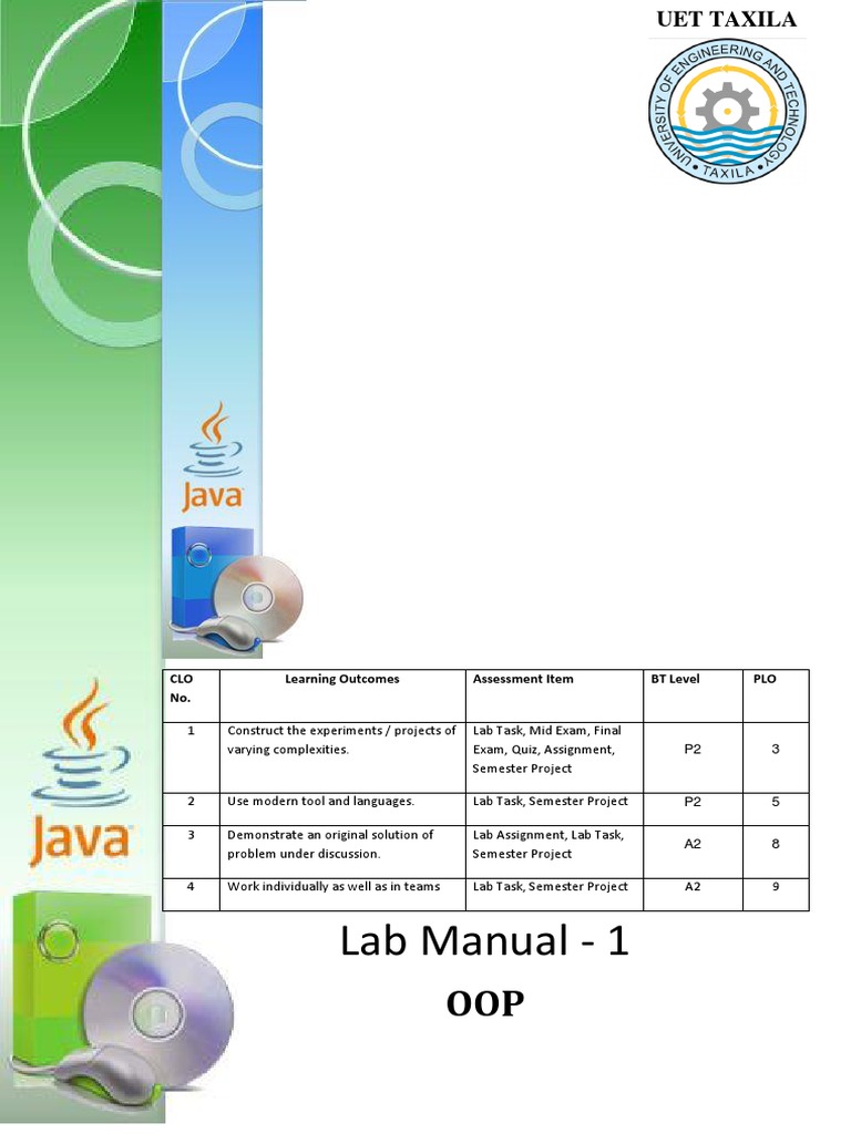 Lab Manual - 1: CLO No. Learning Outcomes Assessment Item BT Level PLO | PDF | Java (Programming ...