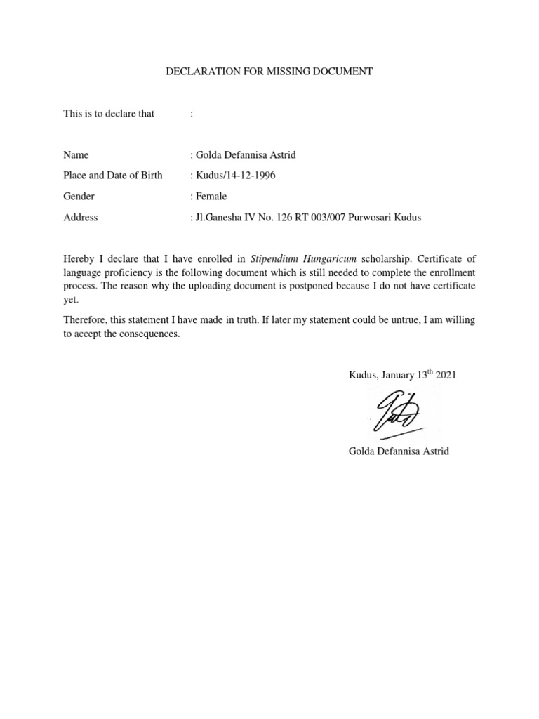Declaration For Missing Document 1 | PDF