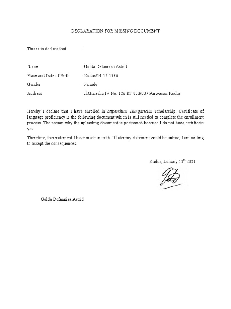 Declaration For Missing Document | PDF