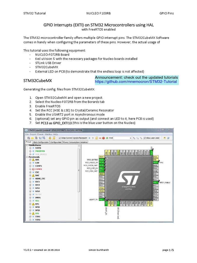 STM32 Tutorial 07 - GPIO Interrupts (EXTI) Using HAL (And FreeRTOS) | PDF | Computer Science ...