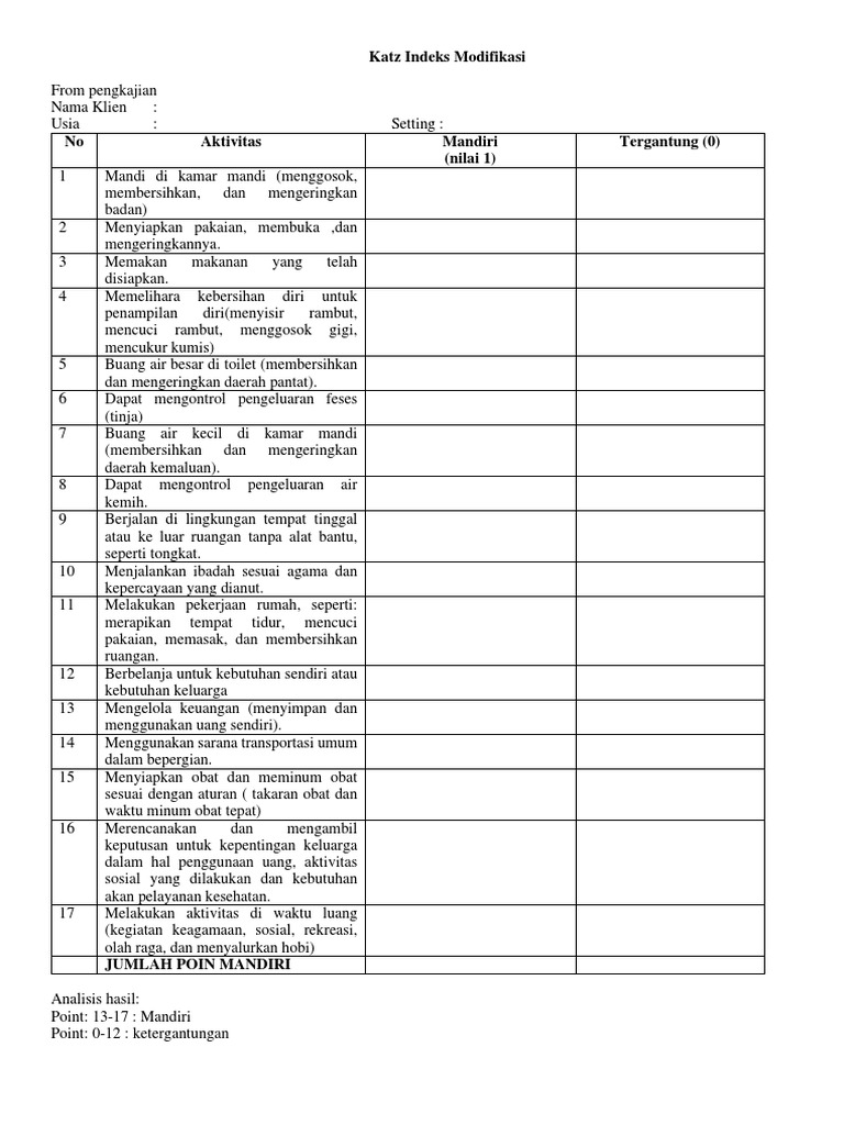 Format Pengkajian Katz Indeks Modifikasi | PDF