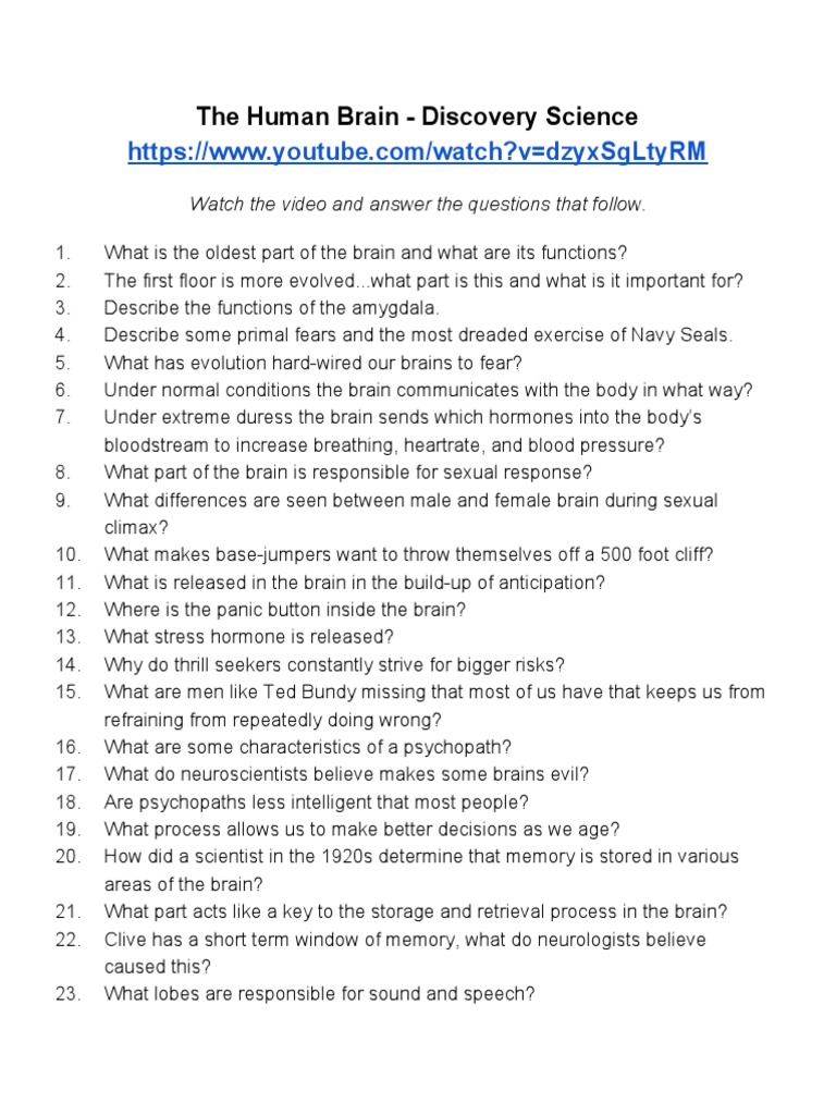 The Human Brain - Discovery Science: Watch The Video and Answer The ...