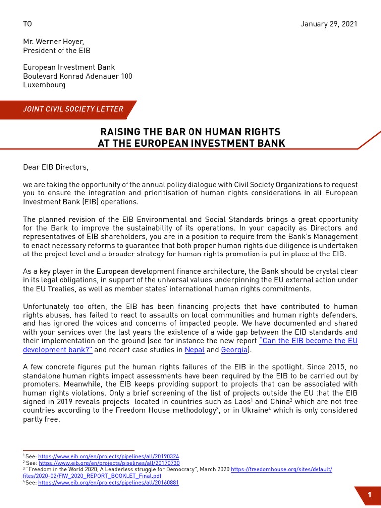 2021 - Joint NGO Letter - EIB&Human Rights | PDF | Policy | Applied Ethics