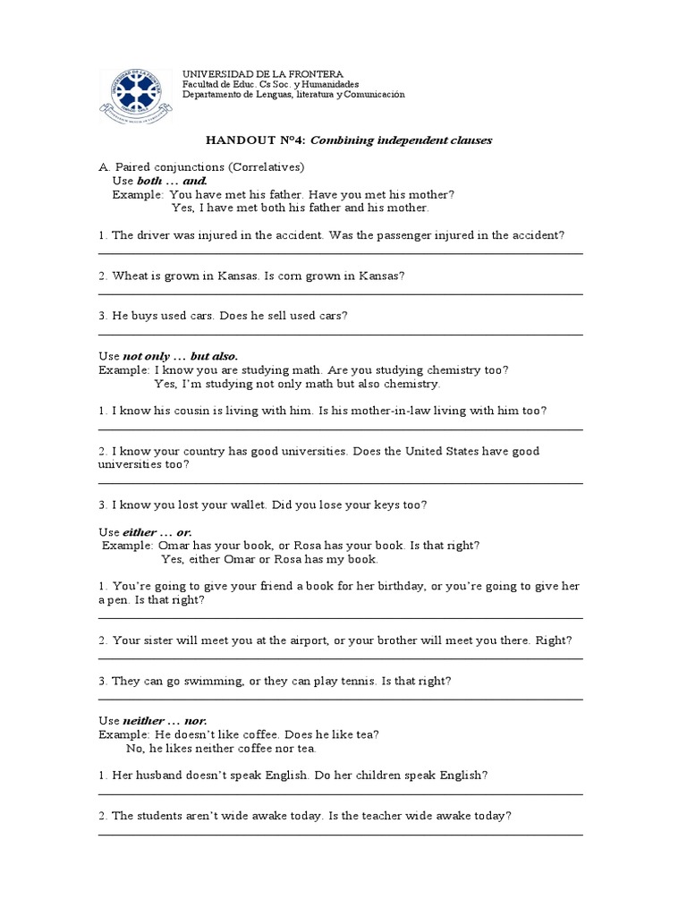 Handout N°4 Combining Independent Clauses To Make Compound Sentences ...
