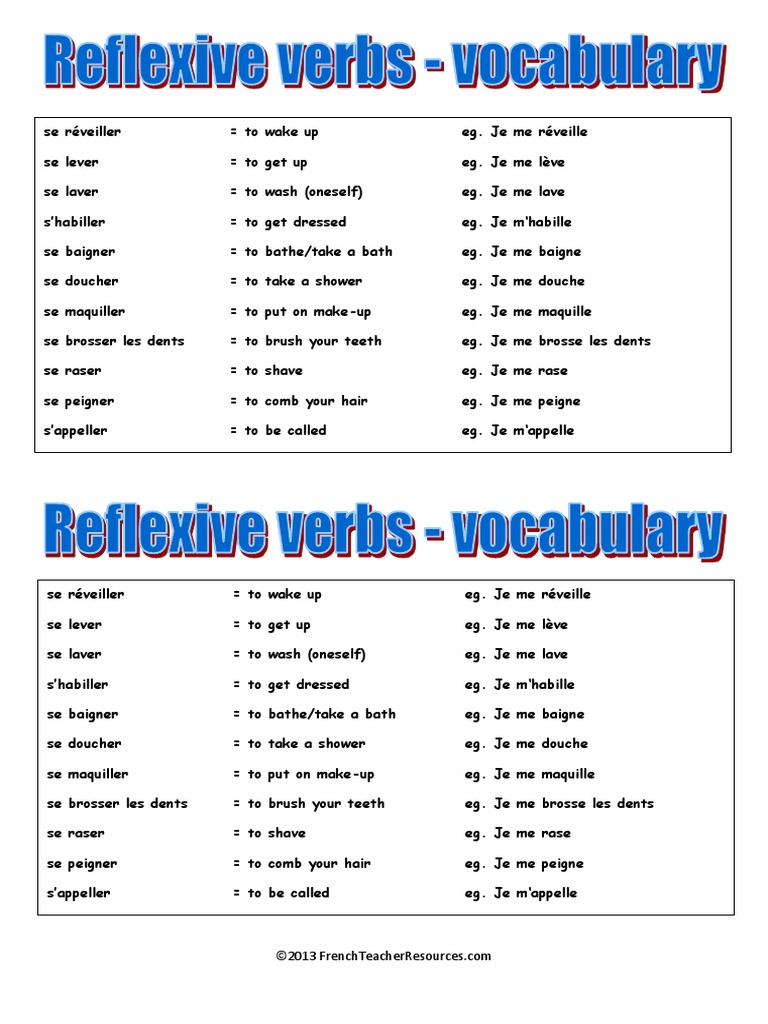 Reflexive Verbs Vocabulary List | PDF