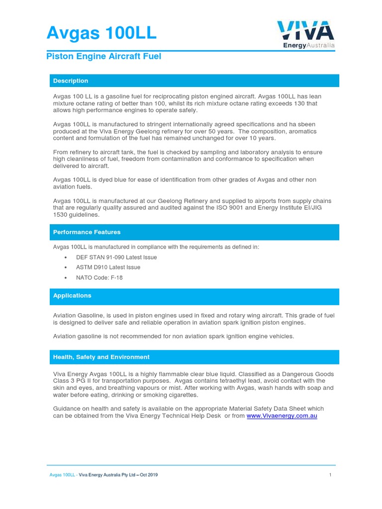 Avgas 100LL - High Performance Piston Aircraft Fuel | PDF | Gasoline ...