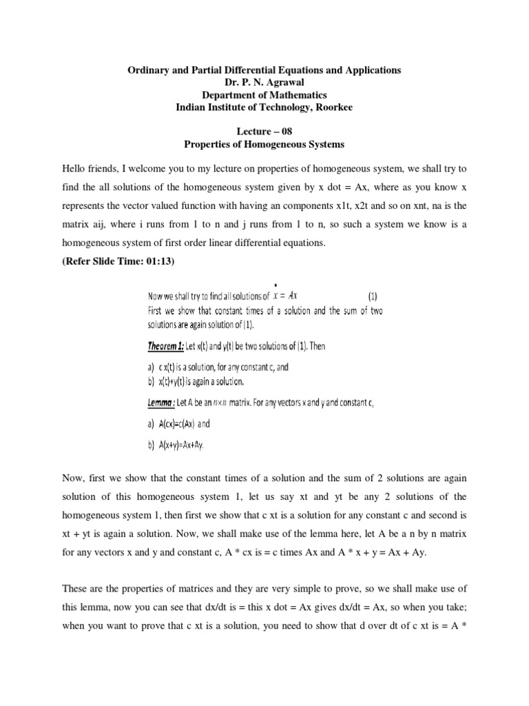 Lec 8 - Properties of Homogeneous Systems | PDF | System Of Linear ...