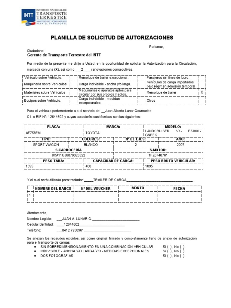 Solicitud de Permiso de Remolque de Trailer | PDF | Remolque (Vehículo ...