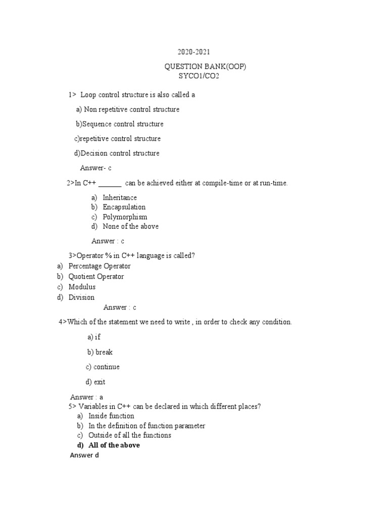 Qb Oop Ct1 2020 Download Free Pdf Inheritance Object Oriented Programming Constructor