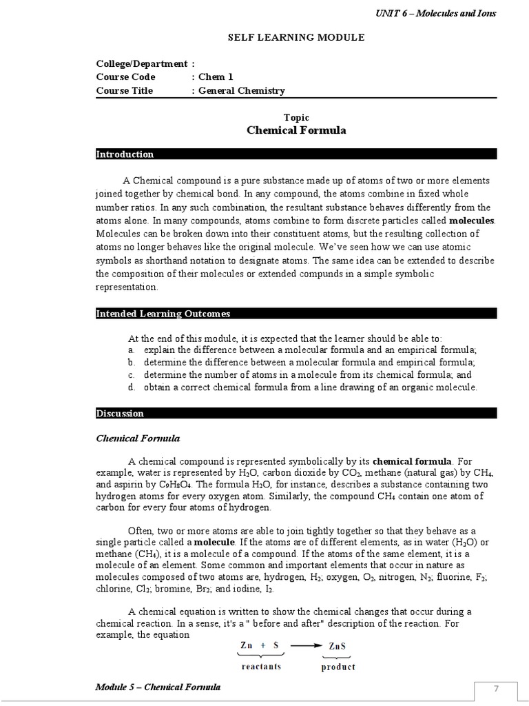 Chemical Formula: Self Learning Module College/Department: Course Code ...