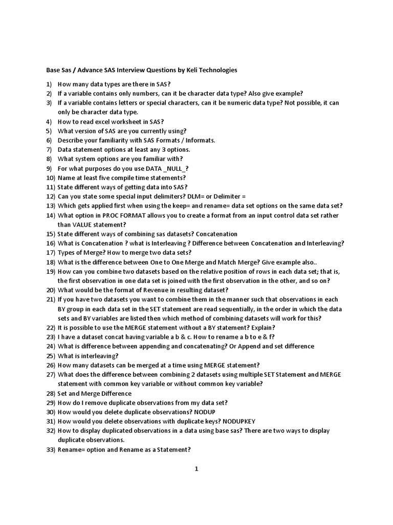 Base Sas Advance Sas Interview Questions By Keli Technologies Pdf Sas Software Subroutine