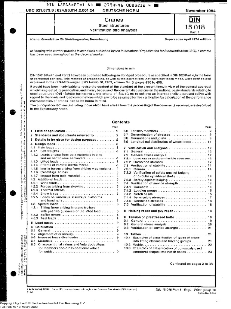 DIN 15018-1-1984, Cranes, Steel Structures | PDF | International ...