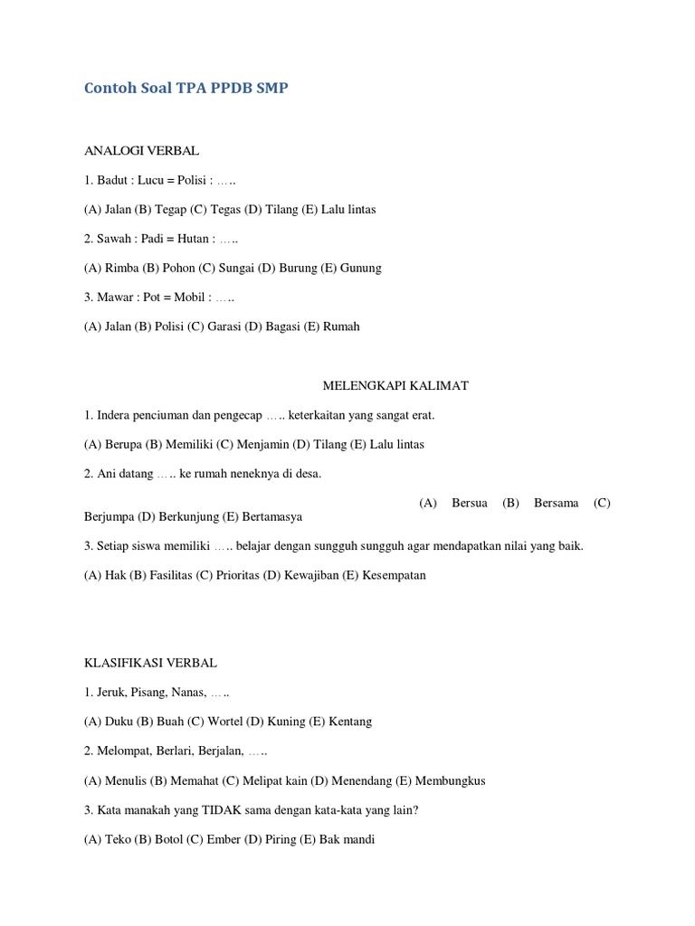 Contoh Soal TPA PPDB SMP 2025 | PDF | Olahraga & Rekreasi