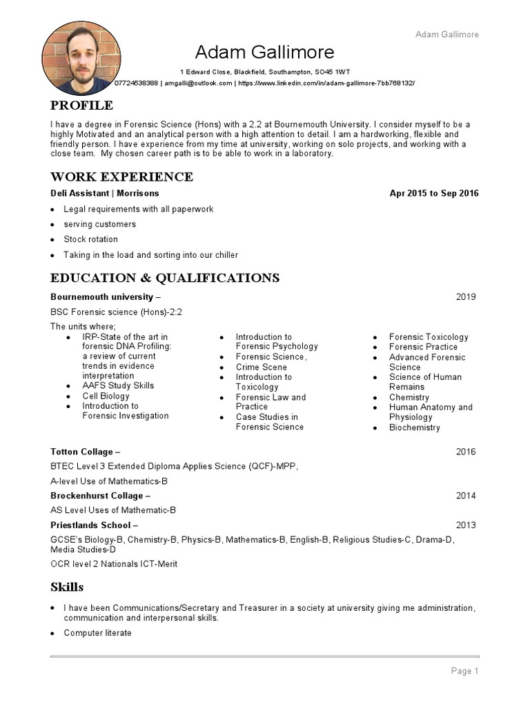 Adam Gallimore CV | PDF | Forensic Science | Toxicology