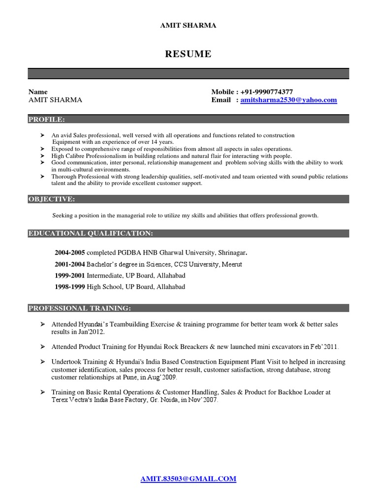 Amit Sharma-CV | PDF | Heavy Equipment | Sales