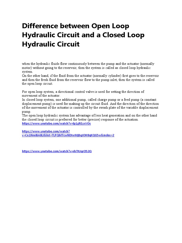 Difference Between Open Loop Hydraulic Circuit and A Closed Loop ...