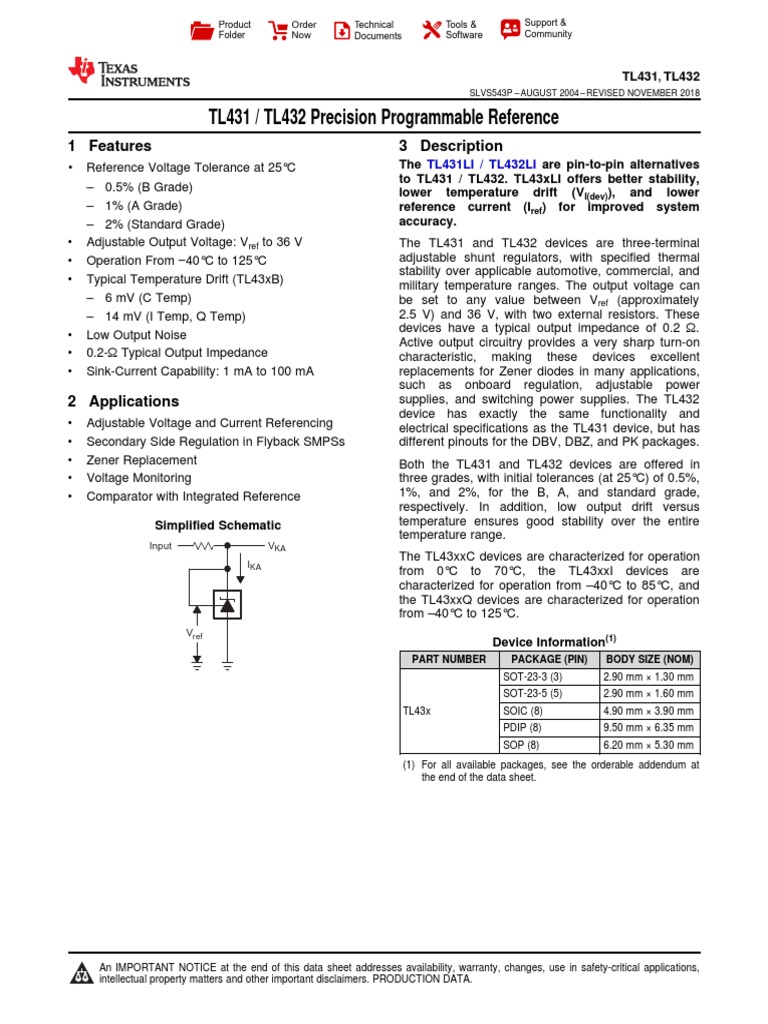 TL431 / TL432 Precision Programmable Reference: 1 Features 3 Description | PDF