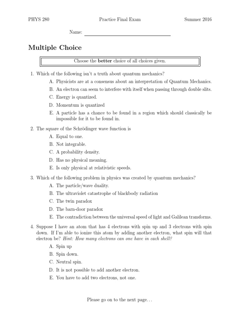 PHYSICS Practice - Final - 2016 | PDF | Electron | Quantum Mechanics