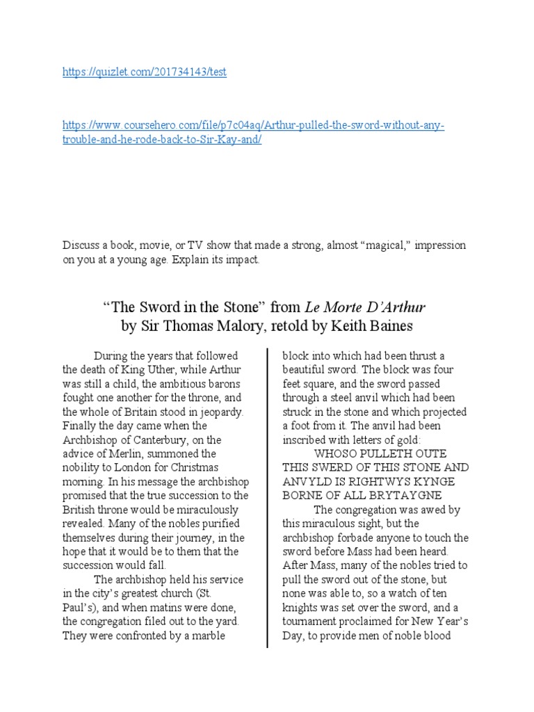 "The Sword in The Stone" From Le Morte D'Arthur by Sir Thomas Malory, Retold by Keith Baines | PDF